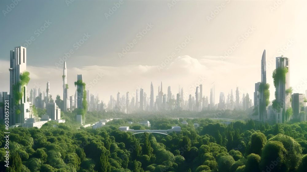 Spectacular eco-futuristic cityscape full with greenery, skyscrapers, parks, and other manmade ...