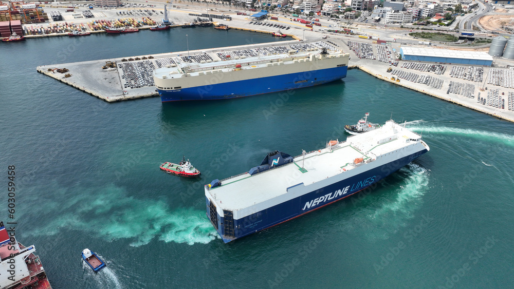 Aerial drone photo of Neptune lines RoRo (Roll on-off) car ...