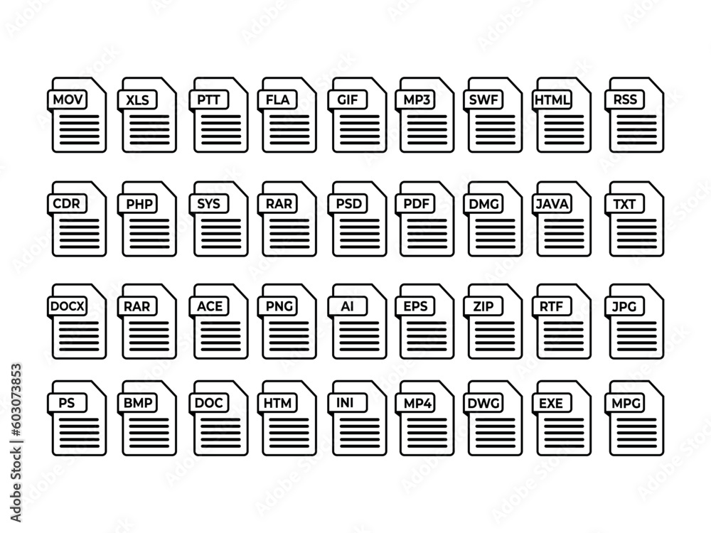 File type icons. Black and white icons. Format and extension of ...