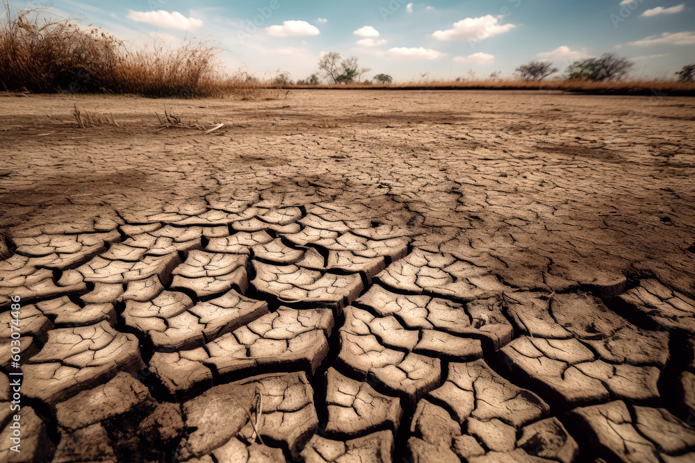 Generative AI illustration of dry swamp with cracked ground due to ...