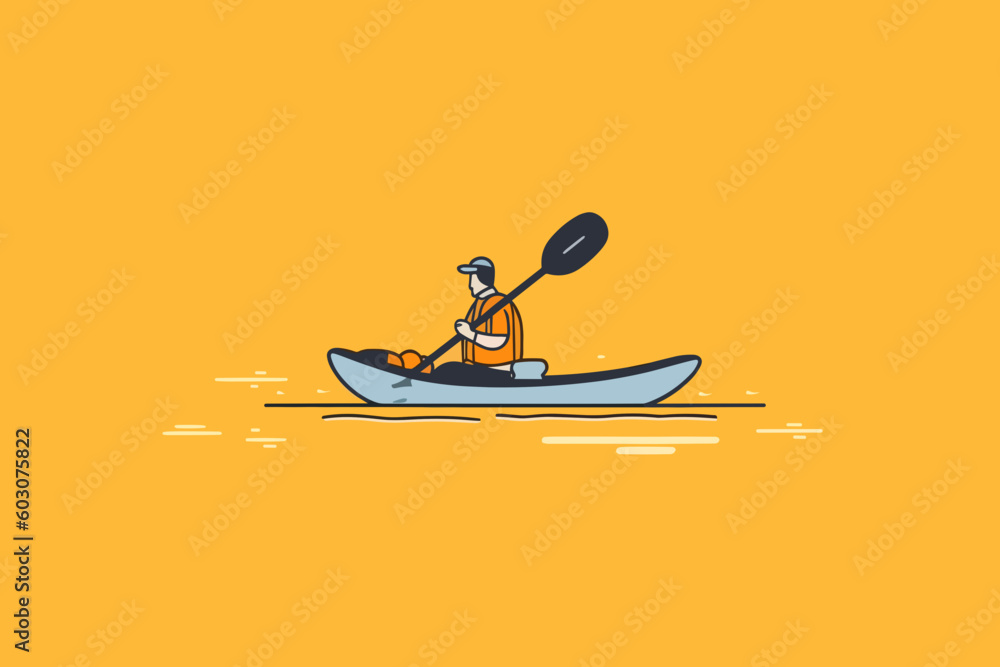 Doodle inspired Kayaker preparing the kayak, cartoon sticker, sketch ...