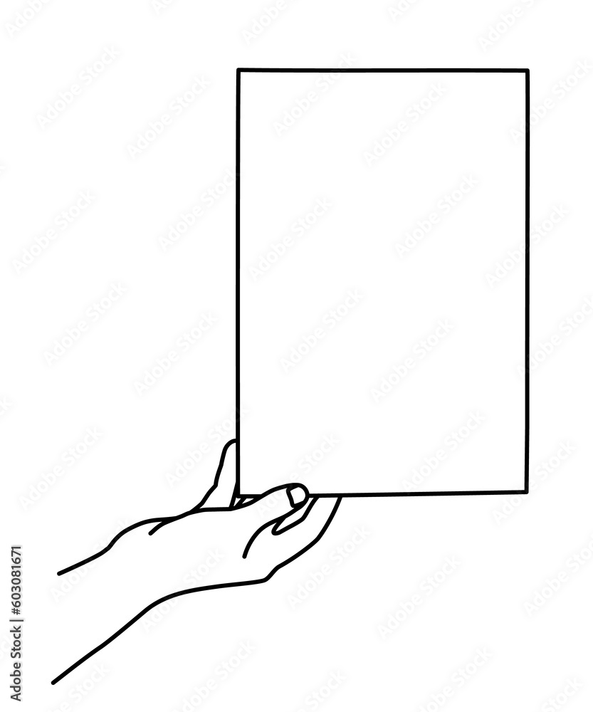 Hand holding A4 paper sheet hand drawn with thin line. Presenting ...