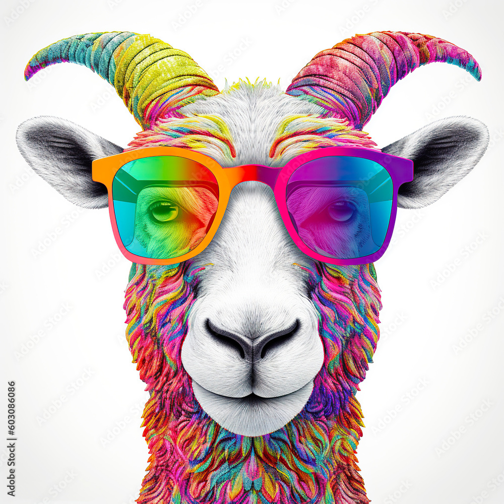 Cartoon colorful goat with sunglasses on isolated background. Created ...