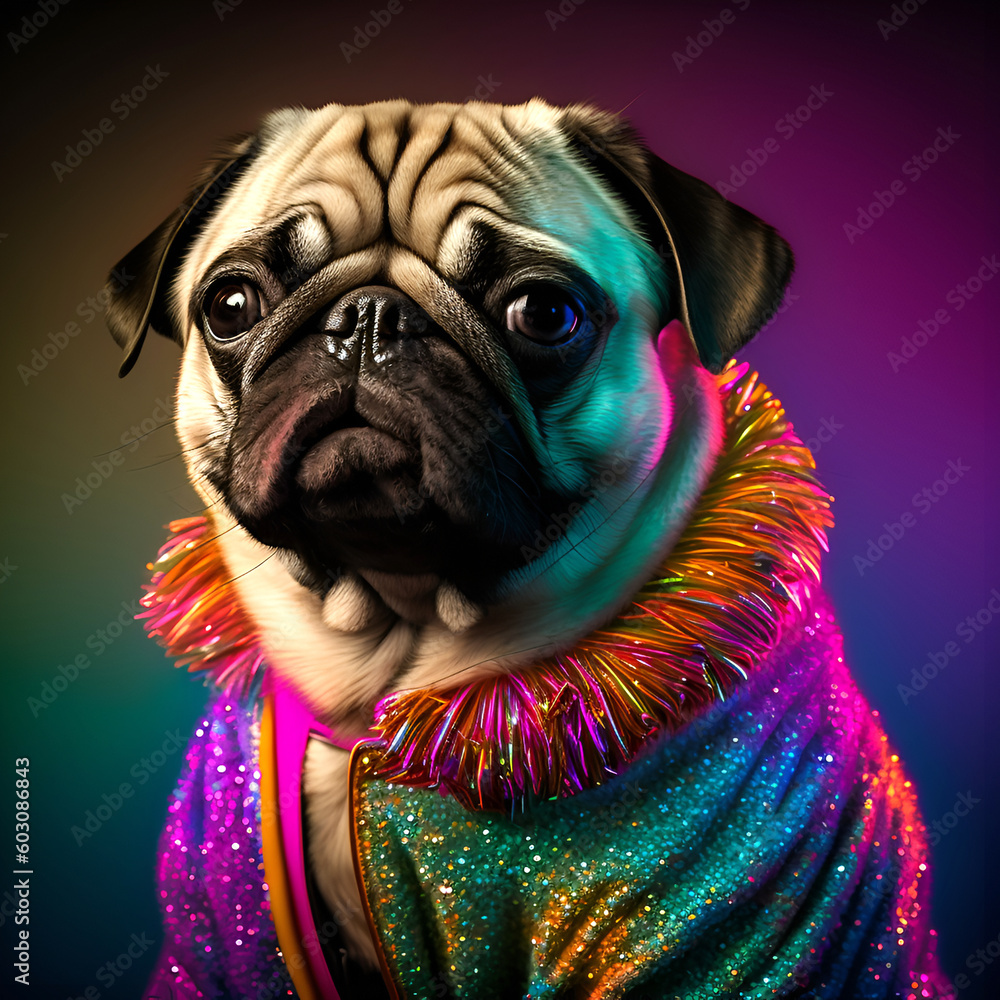 Realistic lifelike pug dog puppy in fluorescent electric highlighters ...