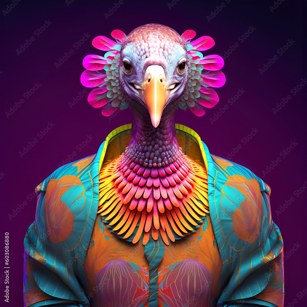Realistic lifelike turkey bird in fluorescent electric highlighters ...