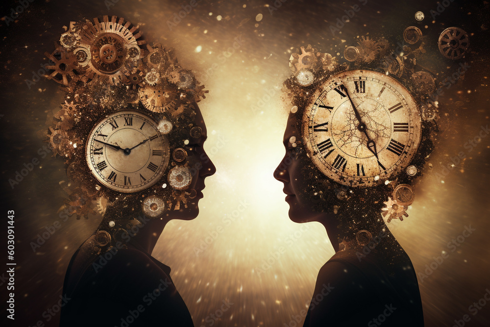 Abstract concept of time passing by. Human silhouette and old clock ...