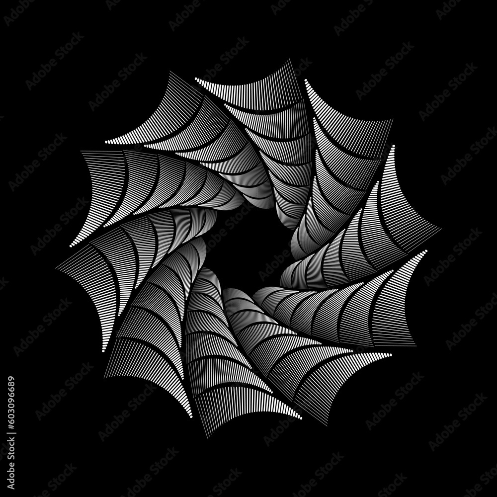 Abstract white rotated curvy lines in circle form. Segmented circle ...