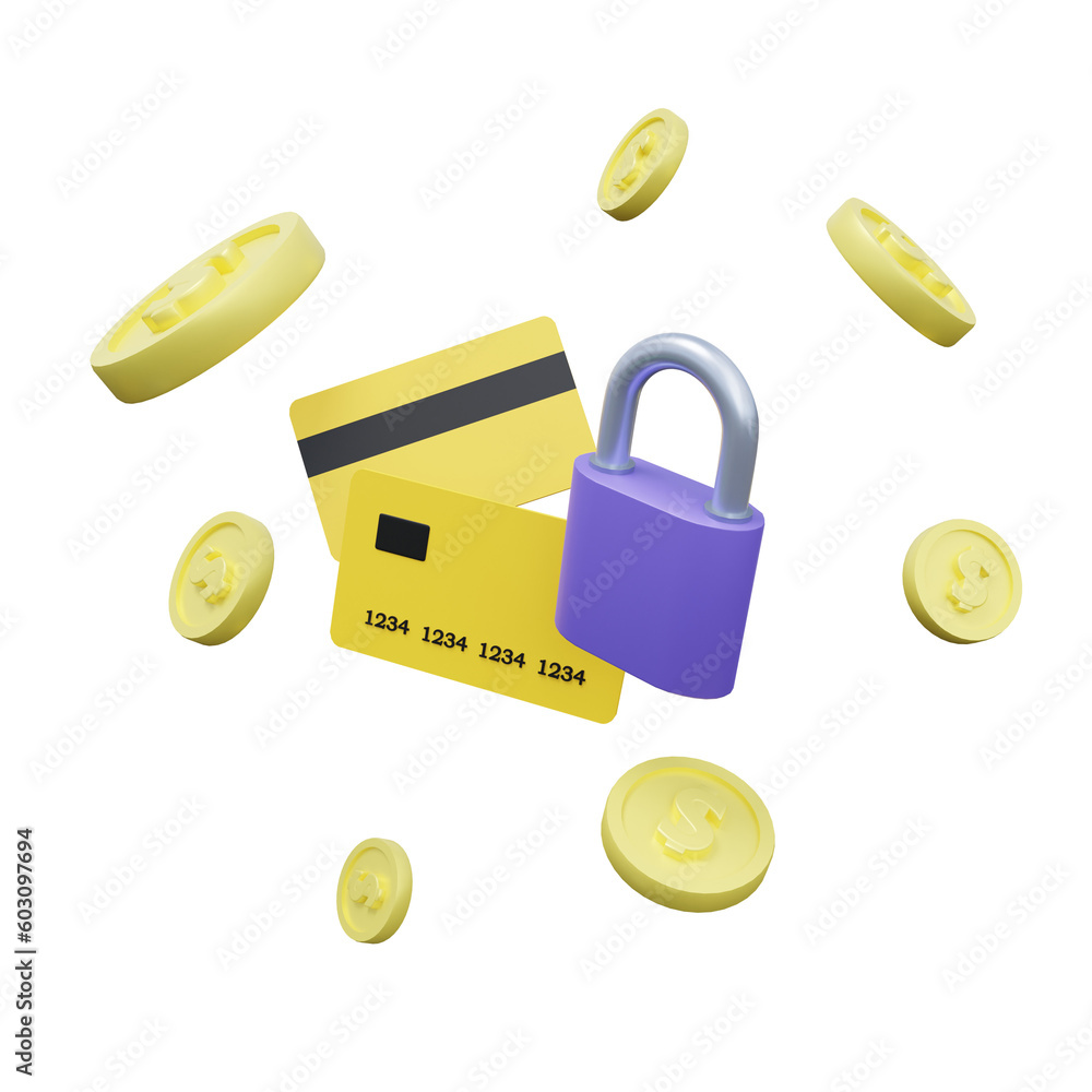 3d render padlock with credit cards and coins isolated on transparent ...