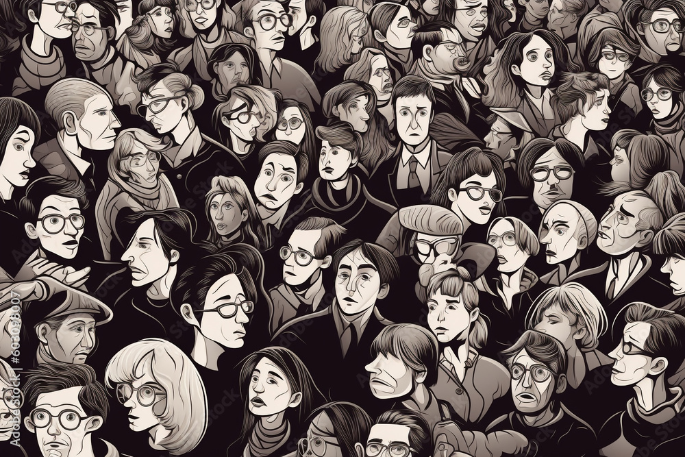 Abstract group of crowded people black and white illustration. Mob of ...