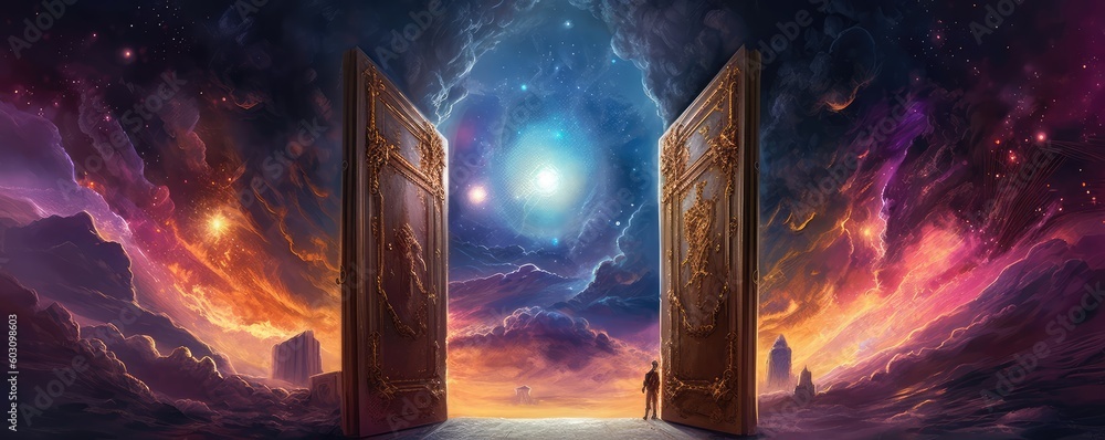 a painting depicting a door into outer space, in the style of ...