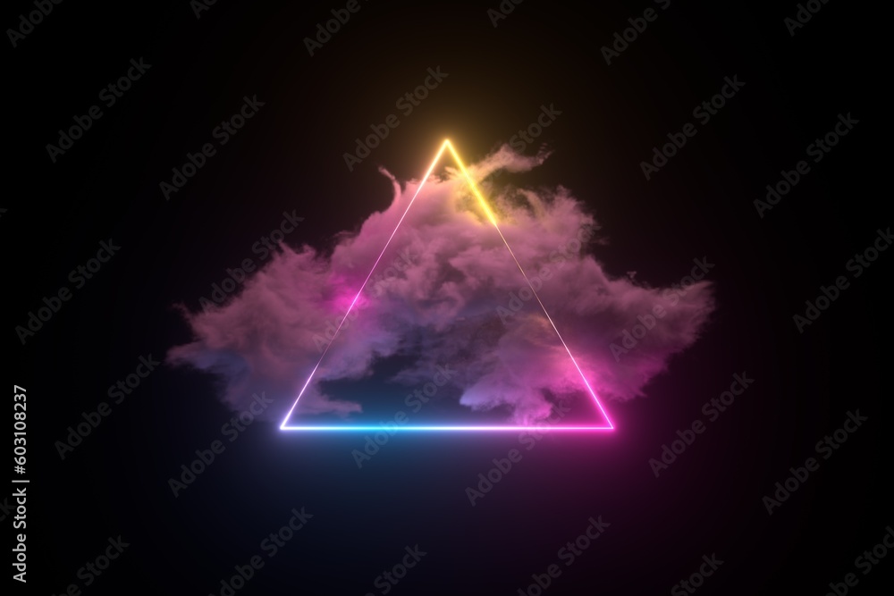 Abstract minimal pink blue neon triangle frame into clouds. Stock ...