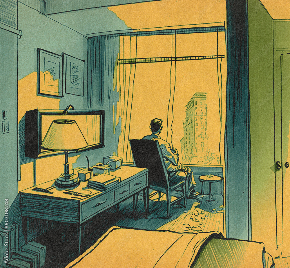 Man Looking Trough Large Window In Hotel Room Stock Illustration ...