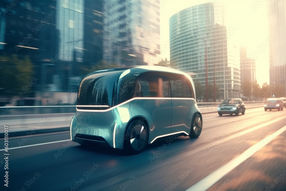 Futuristic self-driving van moving on a highway in a Modern City with ...