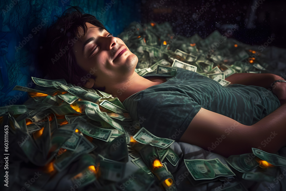Man sleeps in a bed at home strewn with banknotes of dollars paper ...