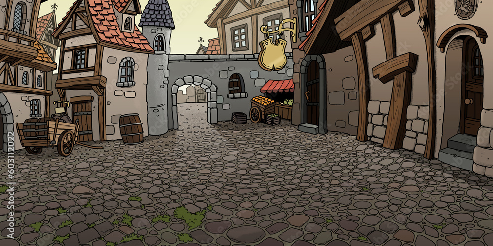 cartoon square the old medieval town background Stock Illustration ...