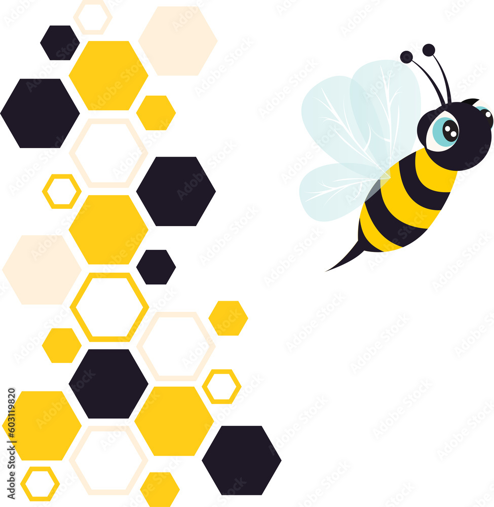 Honeycomb pattern with bee cartoon character illustration overlay with ...