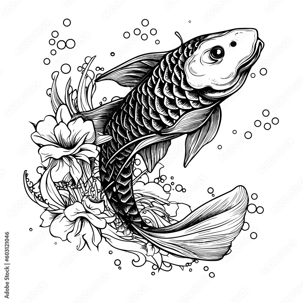 Koi fish with flowers ,Fishing Svg, Bass Fish Svg, Fish Clipart, Fish ...