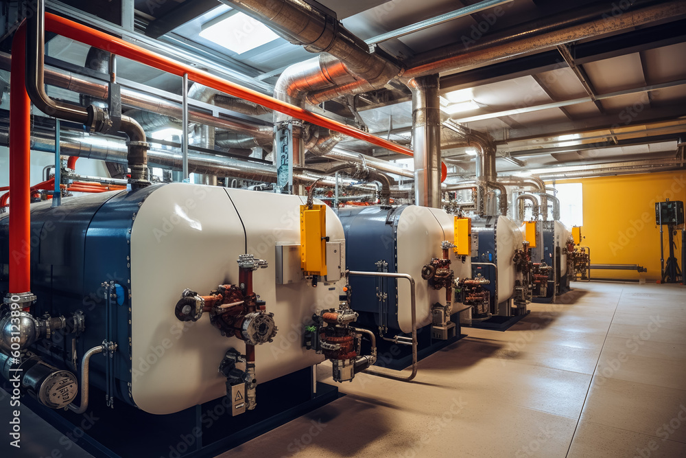 Interior of modern industrial boiler room - large metal tanks and pipes ...