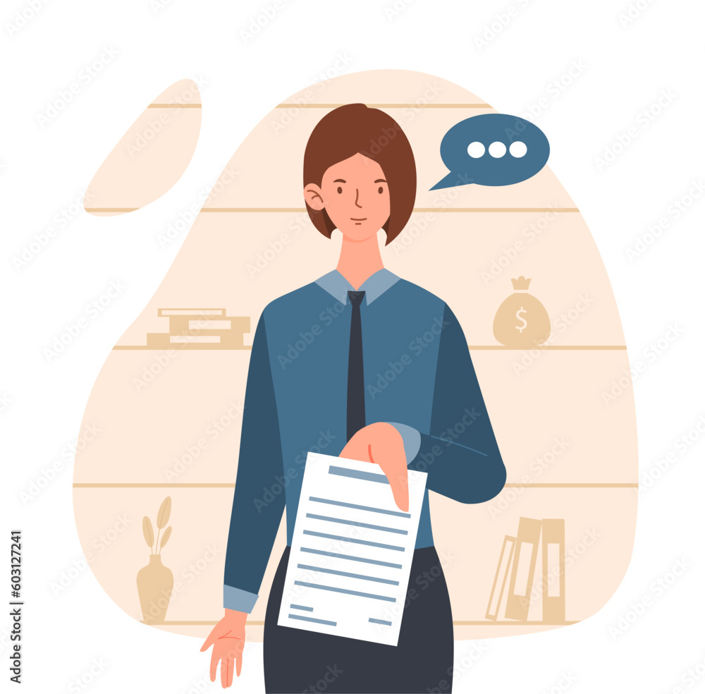 Bussiness document concept. Woman in suit stands and holds sheet of ...