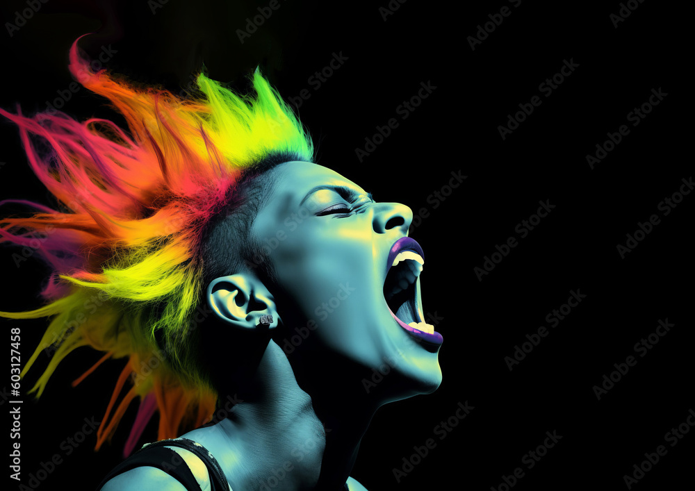 A casual punk rock cute girl with short hair is shouting, black ...