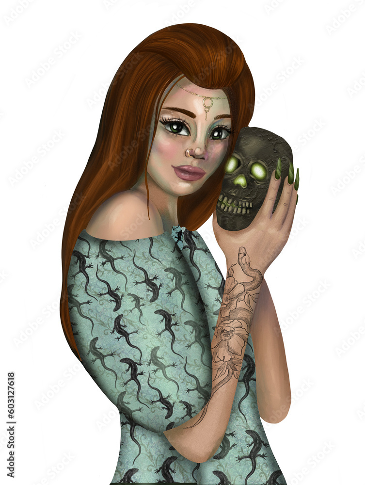 Red hair witch with glowing human skull. Hand drawn pretty witch with ...