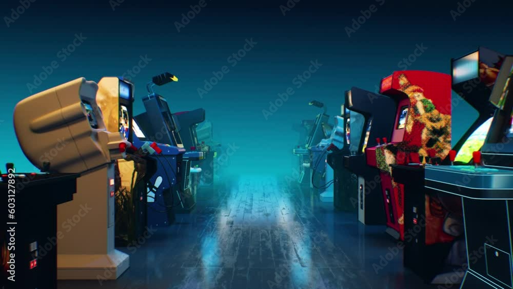 Animation of the classic retro arcade machine. Flight through the game ...