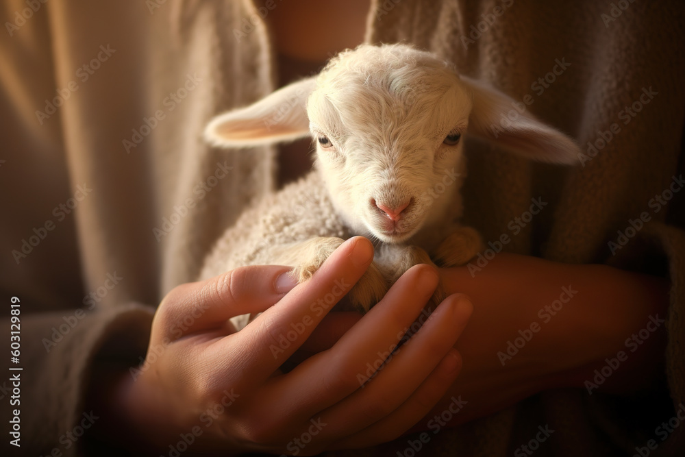 The hands of Jesus Christ gently holding a lamb. Conceptual image ...