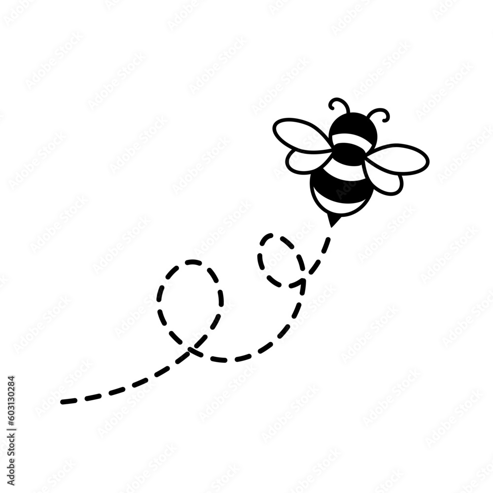 Flying bee with swirl dotted line trail icon. Clipart image isolated on ...
