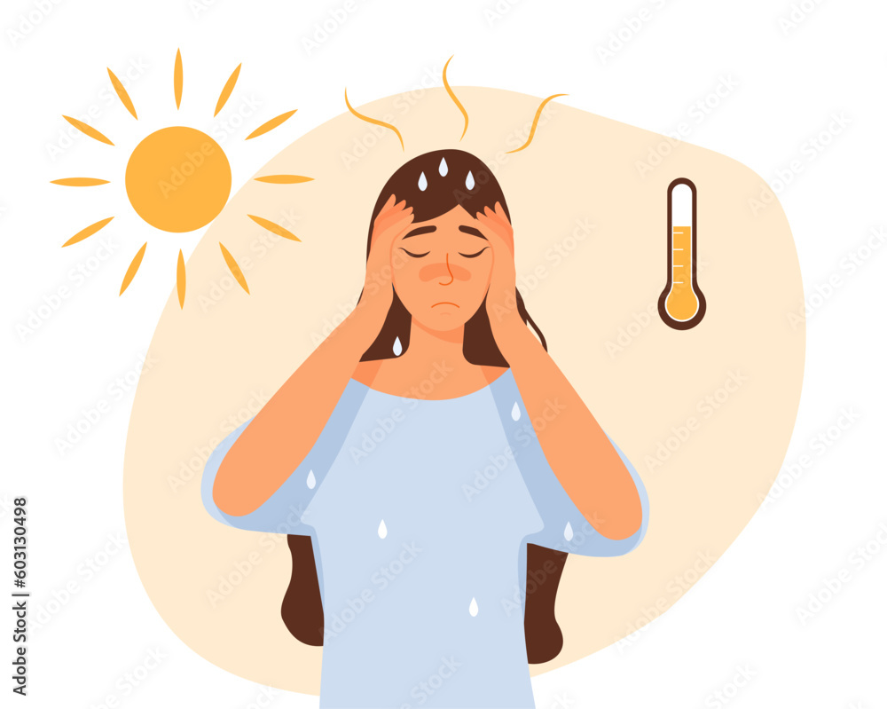 Hot weather concept. Woman stands in blue Tshirt under sun and sweats ...