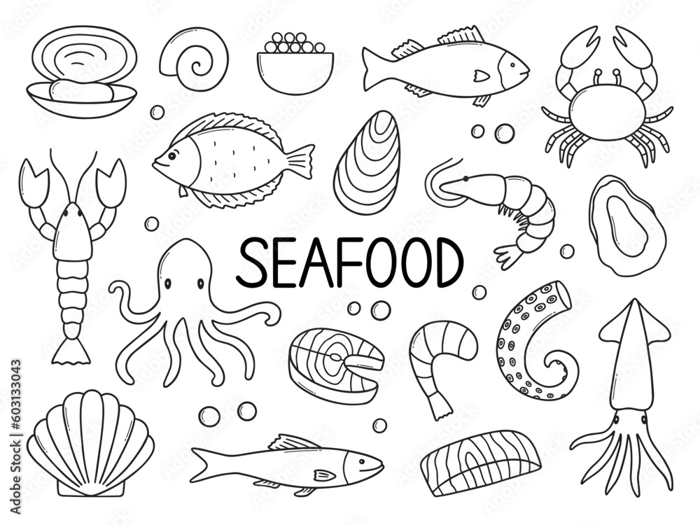 Seafood doodle set. Octopus, lobster, fish, shrimp, oysters, crab ...