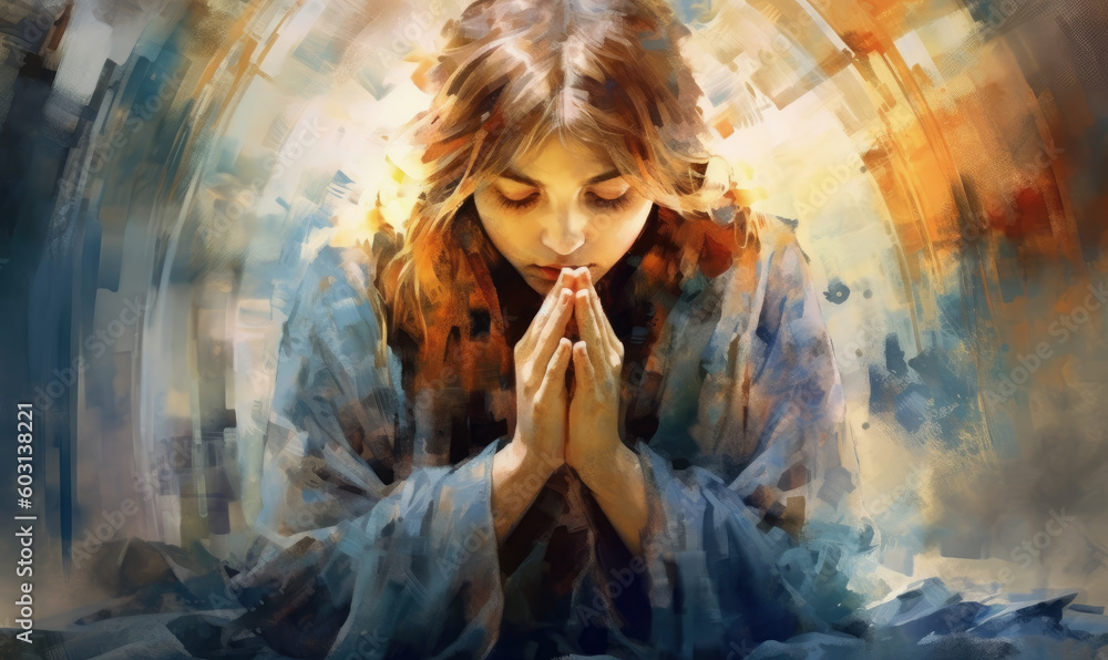 Seeking Divine Connection. A Powerful Watercolor Depiction of a Woman's ...