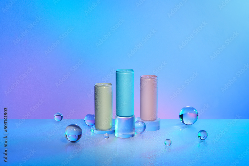 Three cans of pastel color aluminum can with a refreshing drink Stock ...