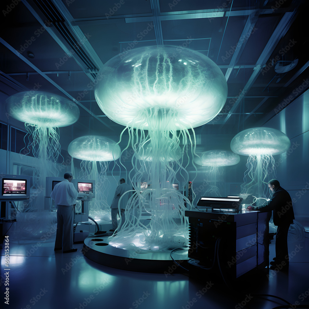 A raw photo of a futuristic laboratory where scientists are conducting ...