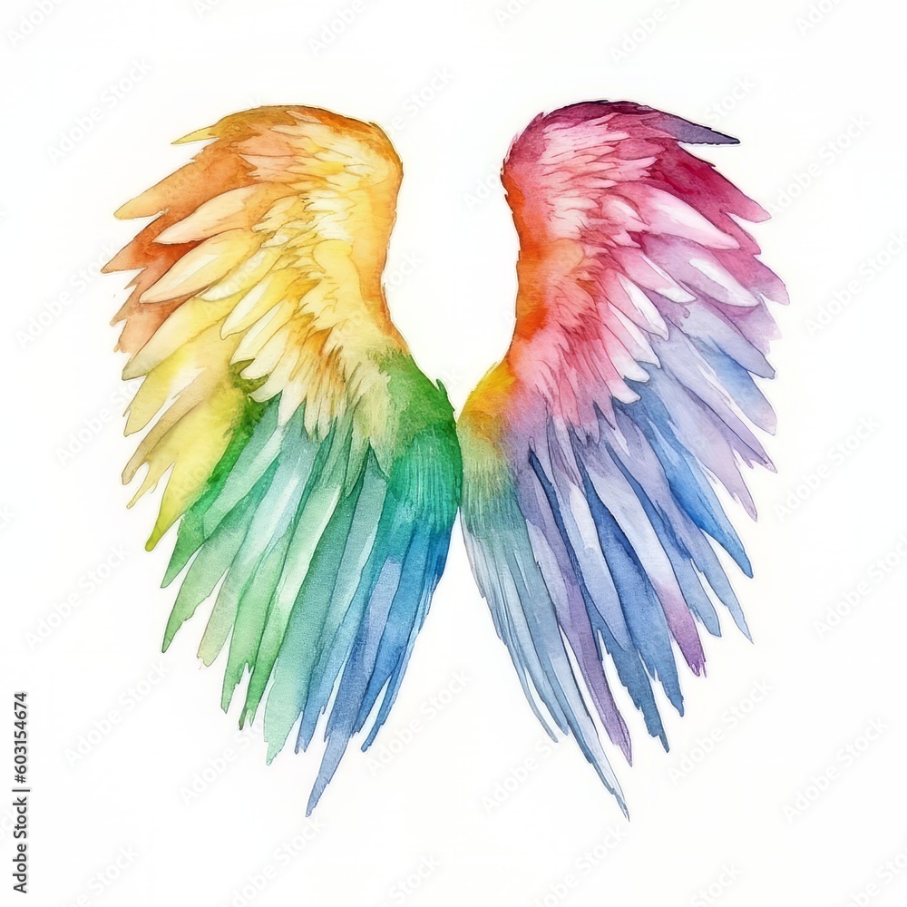 A watercolor painting of a rainbow colored angel wings with Generative ...