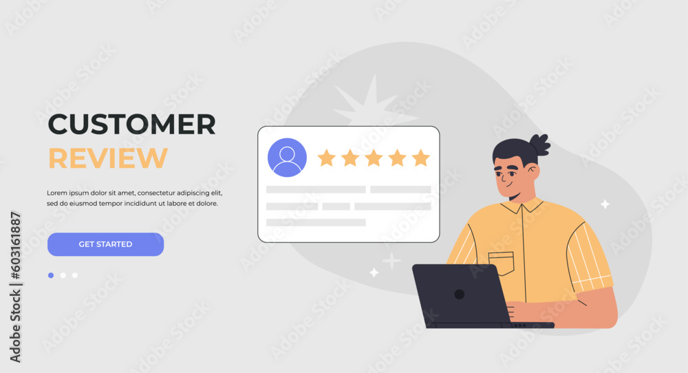 Man sitting with laptop giving feedback review or leaving comments ...