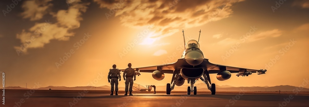 sunset backlit view of military fighter jet pilot beside parked ...