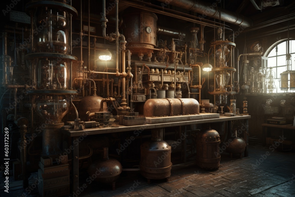 Steampunk Lab, old science lab with steam engines, Generative AI Stock ...
