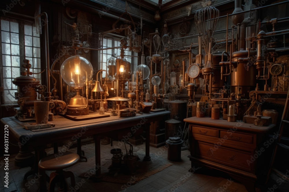 Steampunk Lab, old science lab with steam engines, Generative AI Stock ...