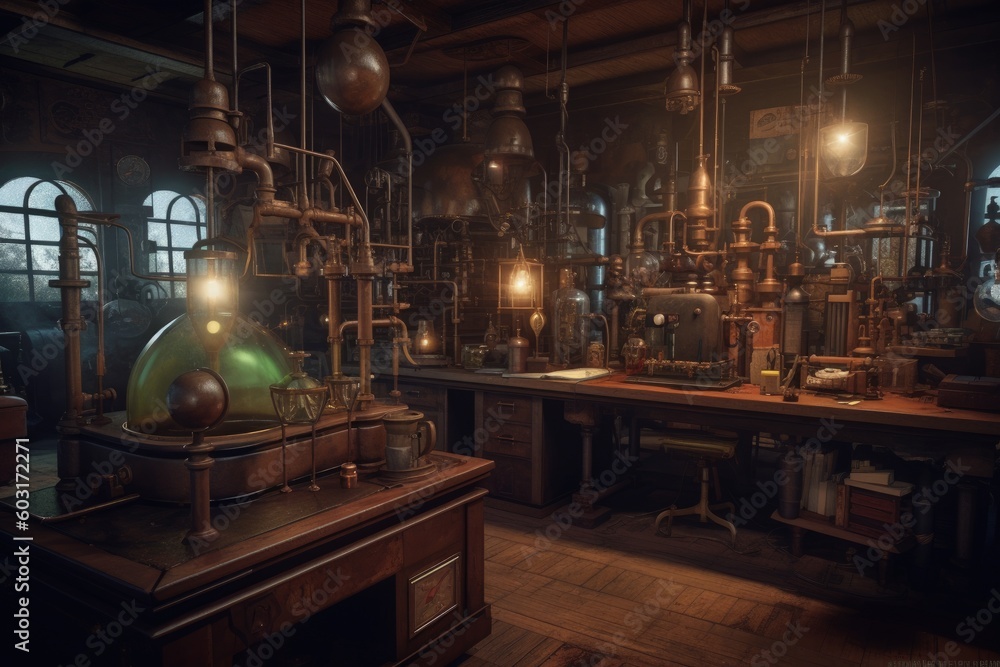 Steampunk Lab, old science lab with steam engines, Generative AI Stock ...