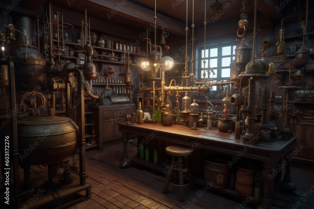 Steampunk Lab, old science lab with steam engines, Generative AI Stock ...