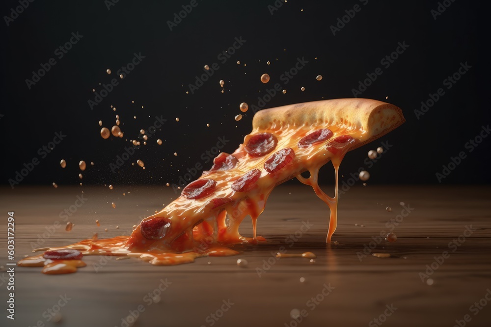Pizza slice falling on the table and crumbling, pepperoni pizza slice ...