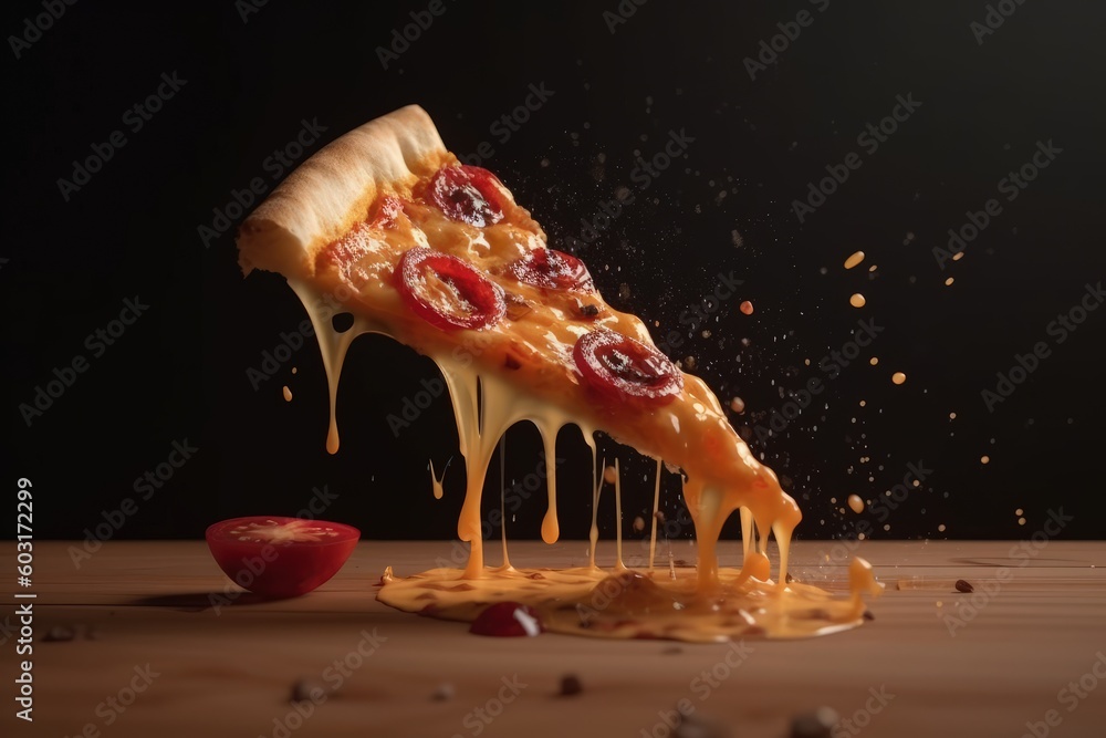 Pizza slice falling on the table and crumbling, pepperoni pizza slice ...