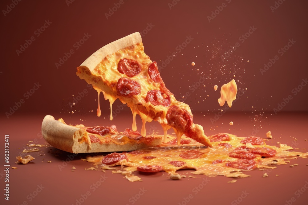 Pizza slice falling and crumbling on red background, pepperoni pizza ...