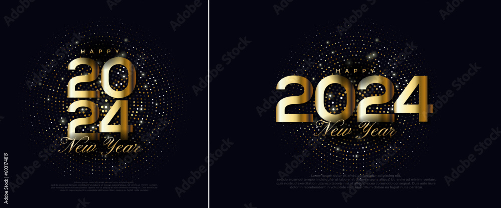 Happy new year number 2024. With a shiny gold color exposed to light ...