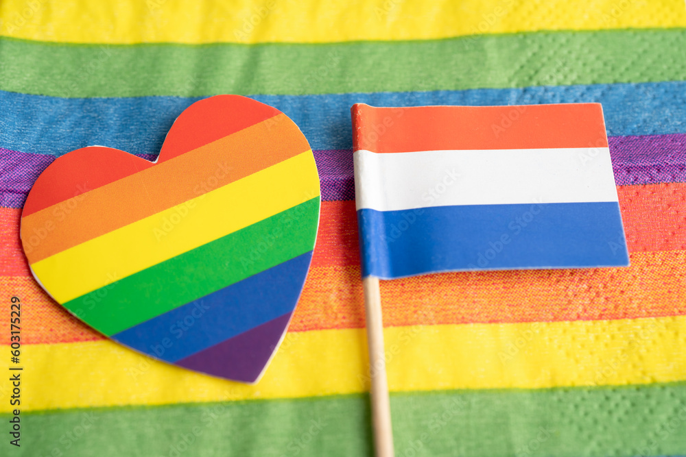Netherlands flag on rainbow background flag symbol of LGBT gay pride ...