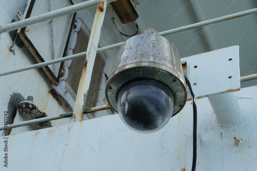 Reinforced CCTV camera installed on the ship for increase security and ...