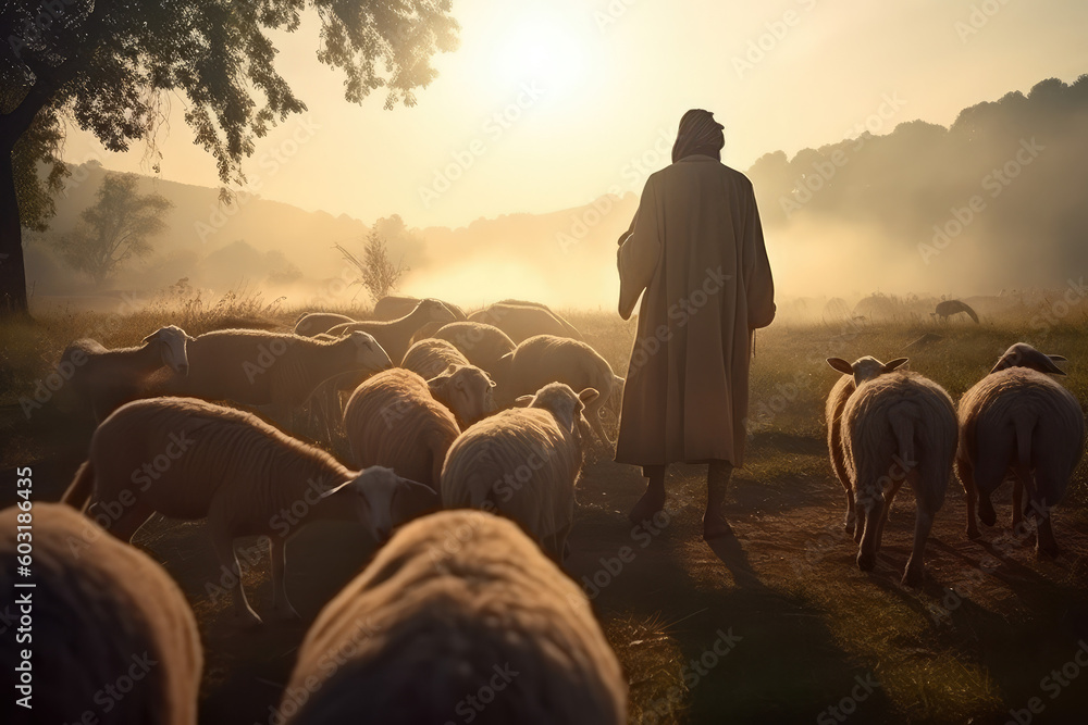 Shepherd Jesus Christ leading the sheep and praying to God and in the ...