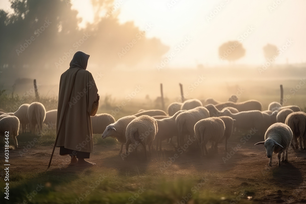 Shepherd Jesus Christ leading the sheep and praying to God and in the ...