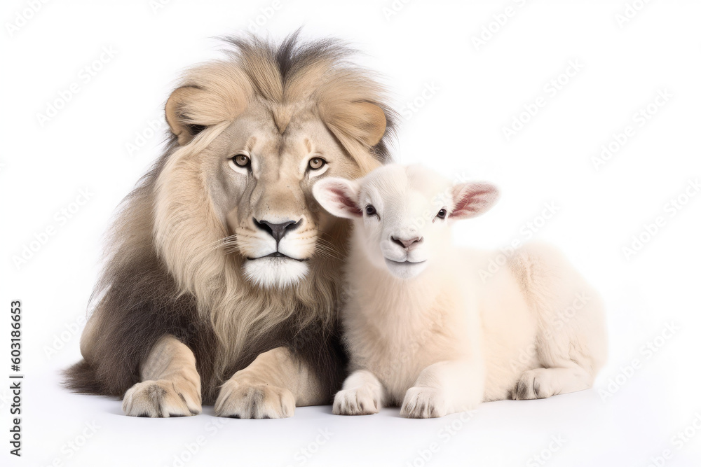 The Lion and the Lamb together. Image on white background, generative ...