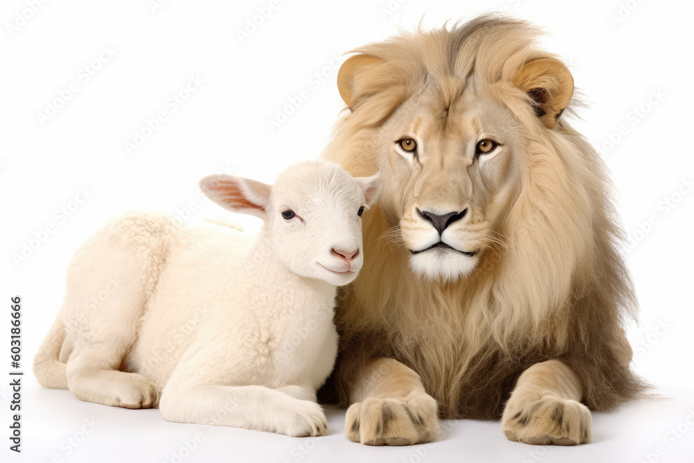 The Lion and the Lamb together. Image on white background, generative ...